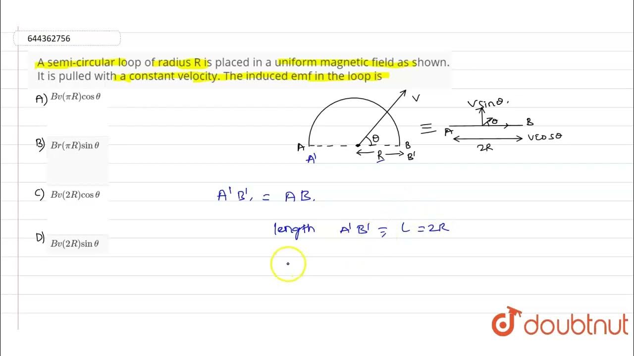 A semi-circular loop of radius R is placed in a uniform magnetic field as shown. It is pulled wi ...