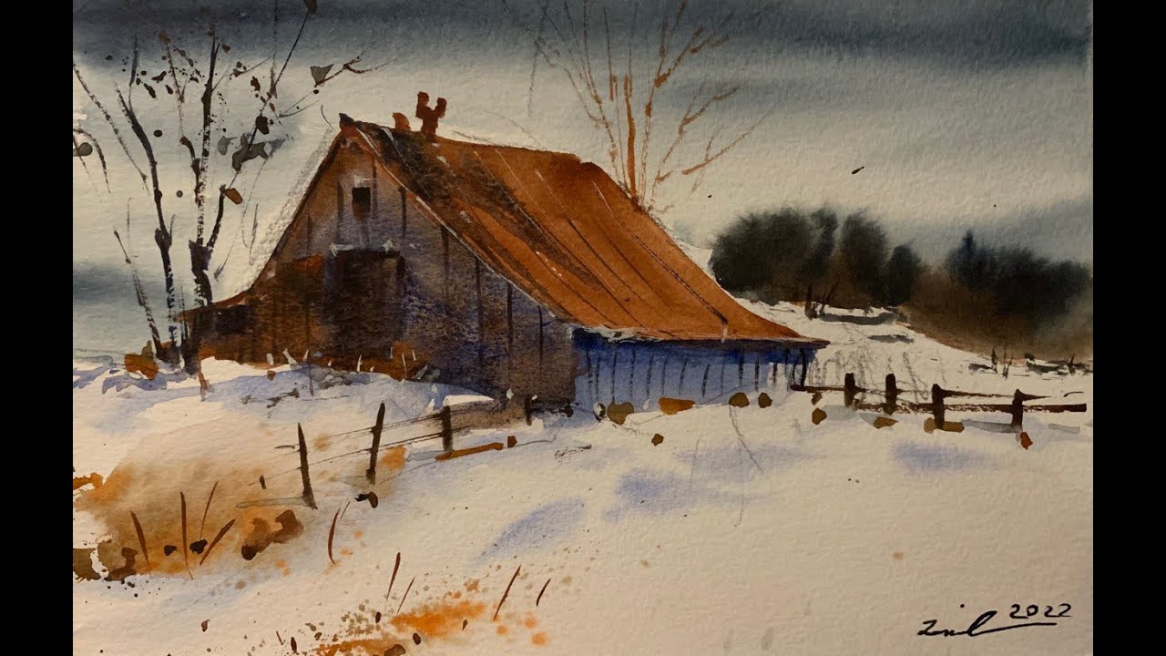 Snowy Barn watercolor painting - YouTube
