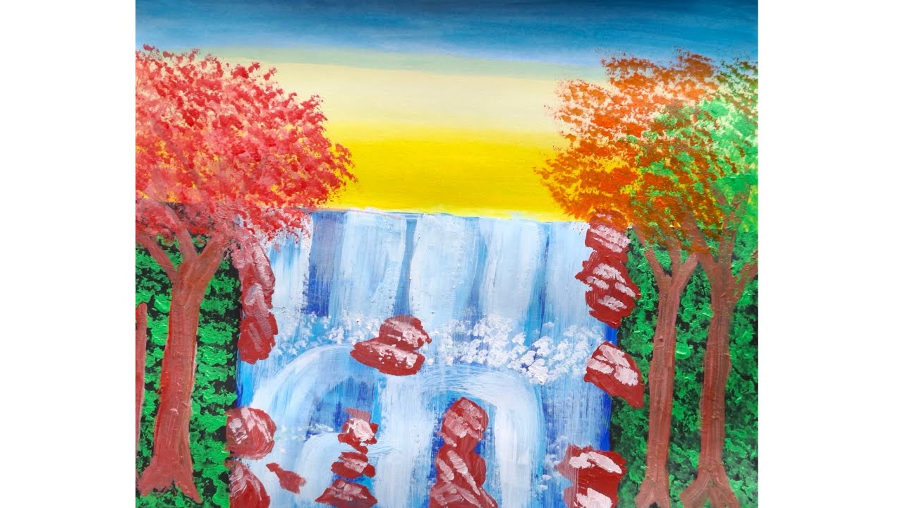 How to draw water fall drawing || Acrylic painting tutorial - YouTube