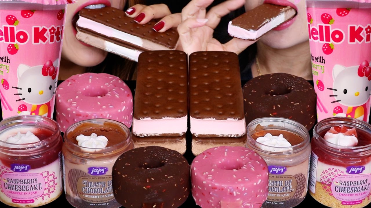 ASMR NEAPOLITAN DESSERTS (HELLO KITTY STRAWBERRY BISCUITS, DONUT ICE CREAM, CHOCOLATE CHEESECAKE ...