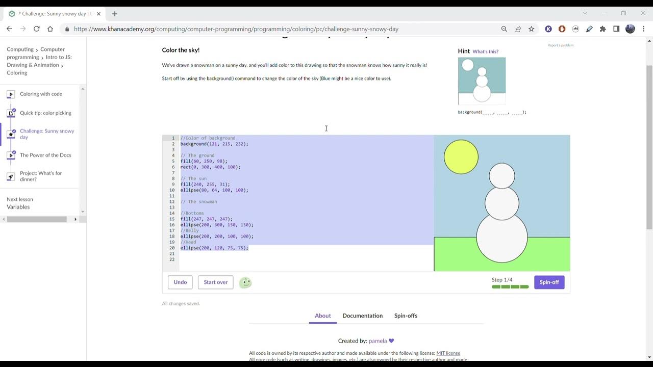 Challenge Coloring, JS Drawing and Animation Introduction, Computer Programming on a sunny snowy ...