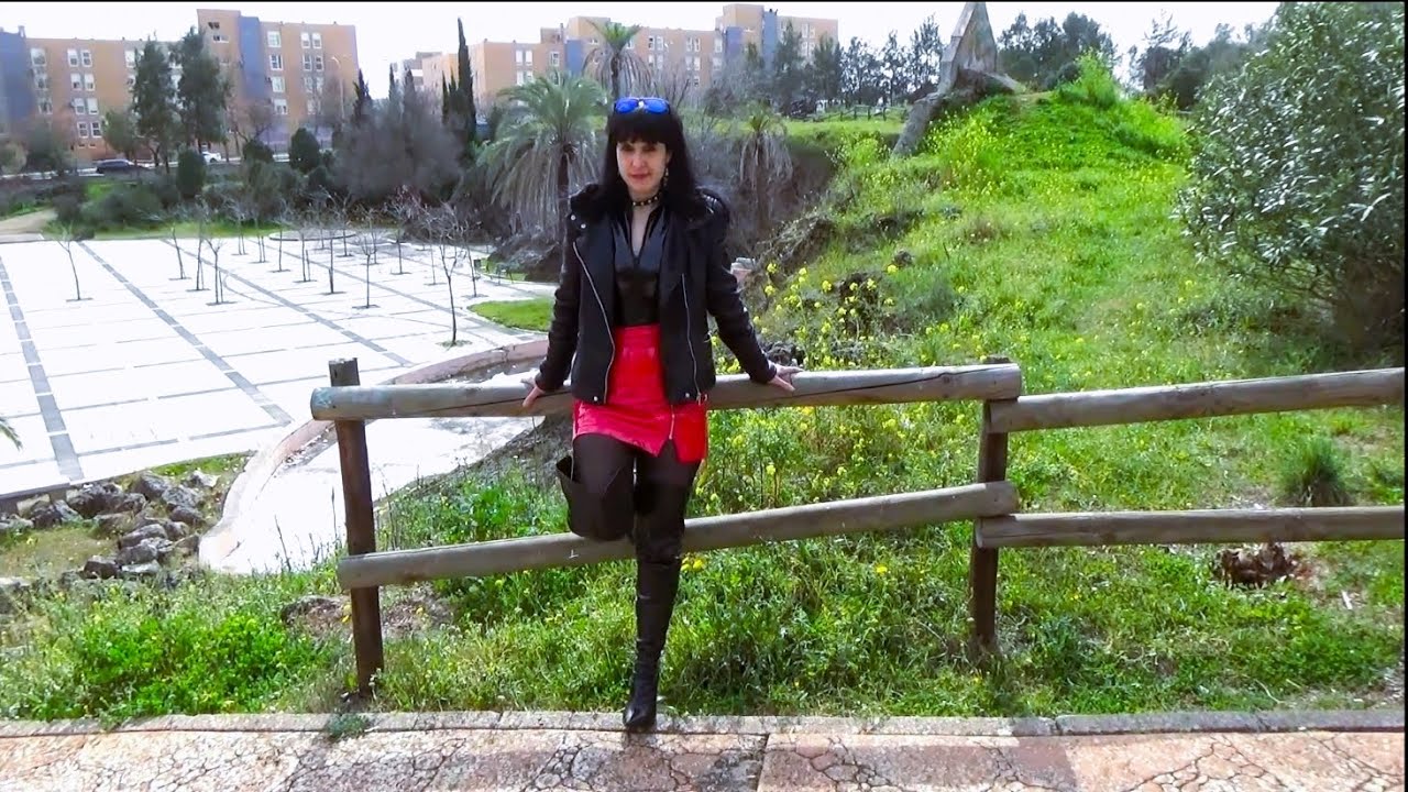 VICTORIA DEVIL- Walking Red miniskirt, leather jacket, and thigh high ...