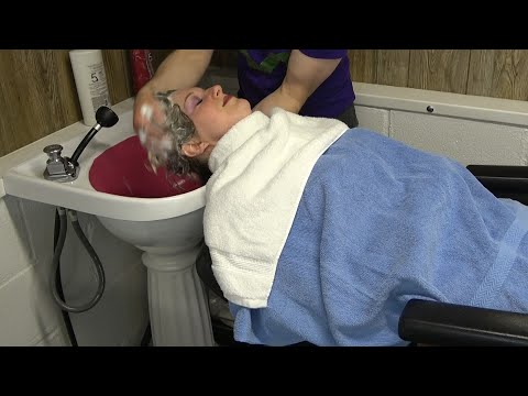 Trying out the new salon sink - Husband washes Kat's Hair