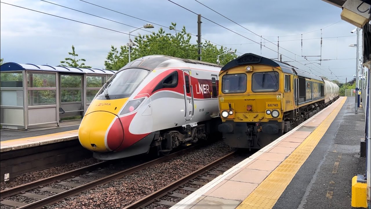 LNER 801208 crawls through Longniddry passing 66740 ‘Sarah’ on 6E45 ...
