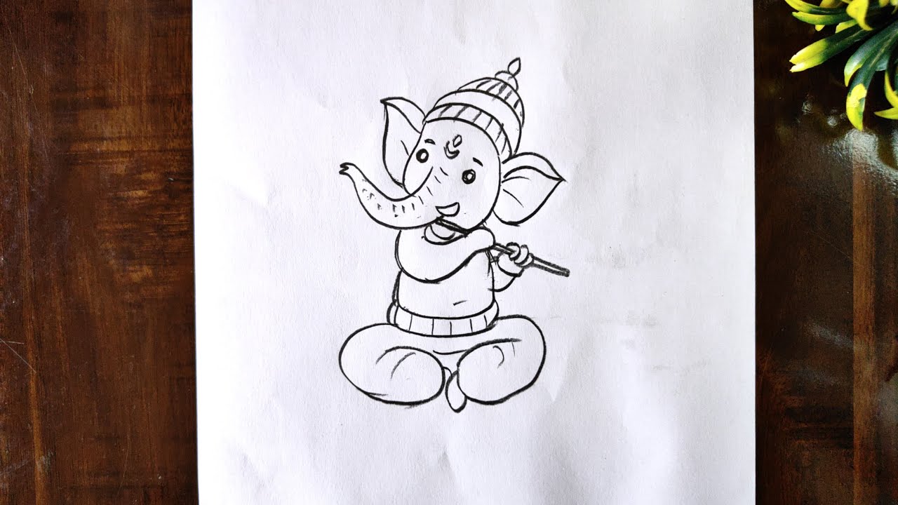 Cute Lord Ganesha Playing Basuri Drawing, Ganpati Bappa Little Bal ...