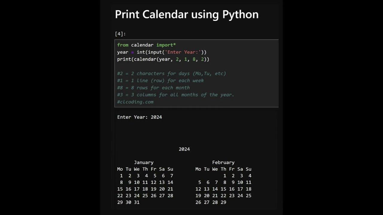 print calender using python #artificialintelligence #coding #pythonprogramming - YouTube