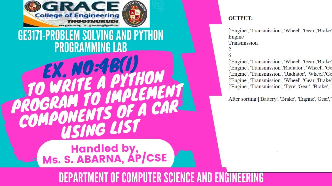 GE3171-Ex4b(i)- Implementing real-time/technical applications Components of a car using Lists ...