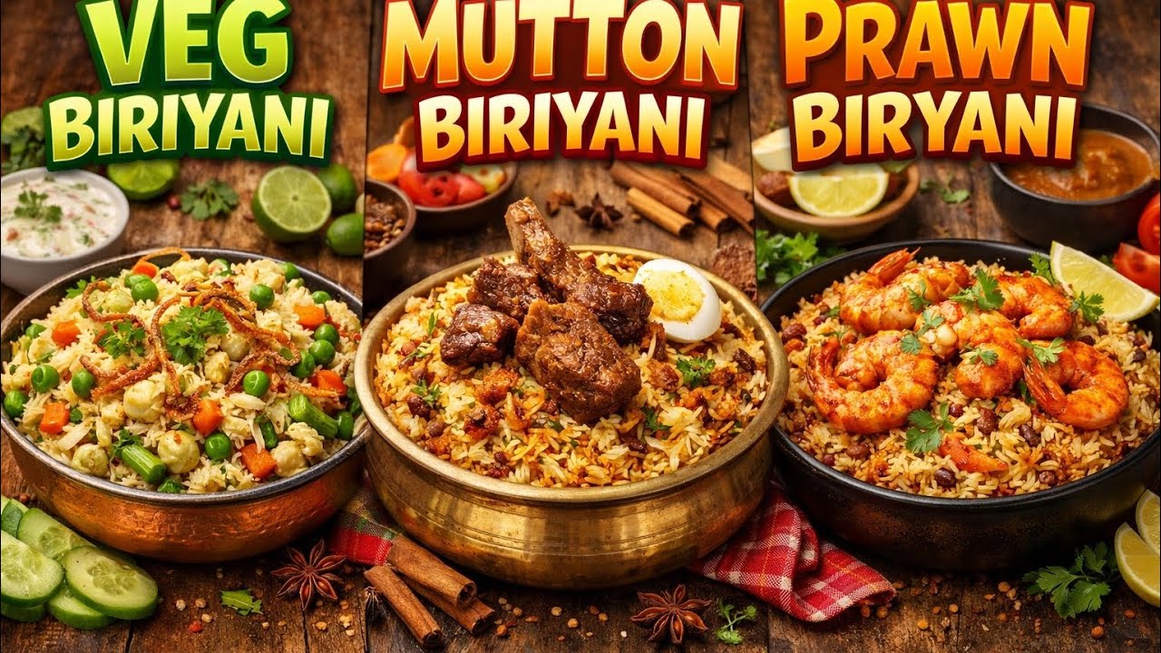 Triple Biriyani video Veg - Prawn - Mutton Biriyani #qatar #biriyani #prawn #mutton #veg - YouTube