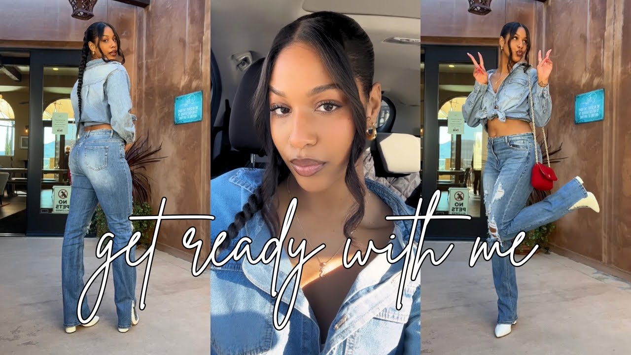 get ready with me: braided hairstyle, makeup + denim outfit - YouTube