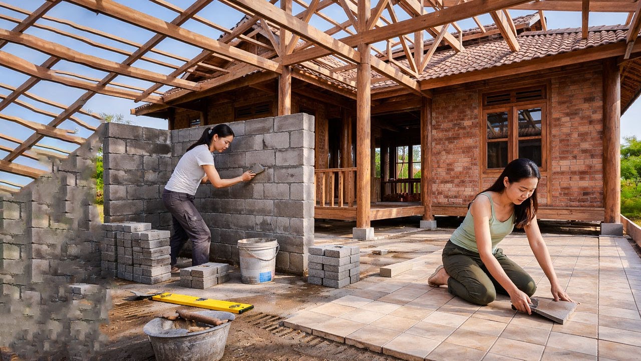 TIMELAPSE: Talented Young Woman Builds House Walls and Installs Marble ...
