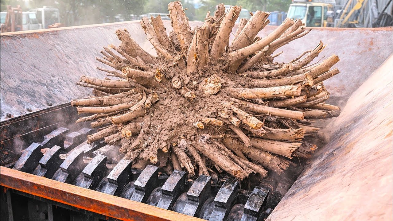 Tree Stump vs Giant Industrial Shredder! Extreme Wood Shredding Machine ...