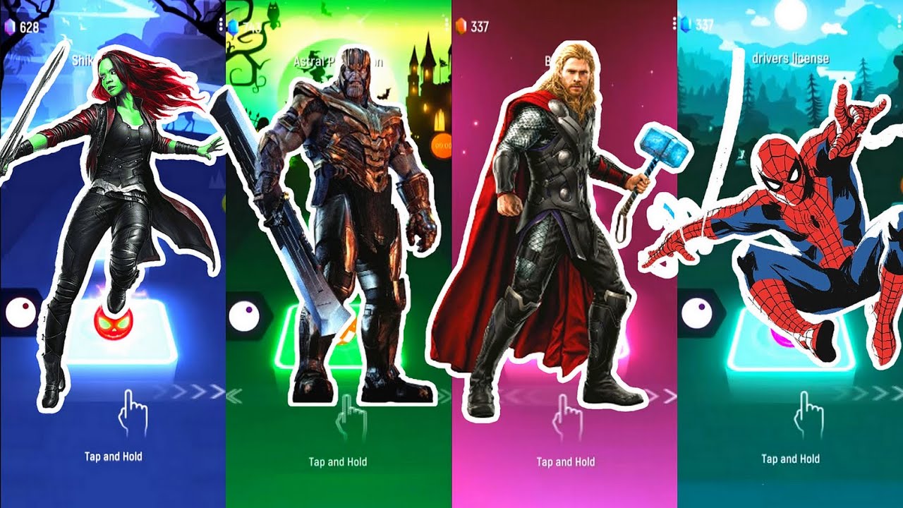 Gamora 🆚 Thanos 🆚 Thor ragnarok 🆚 Spider-Man _ Tiles Hop EDM Rush ...