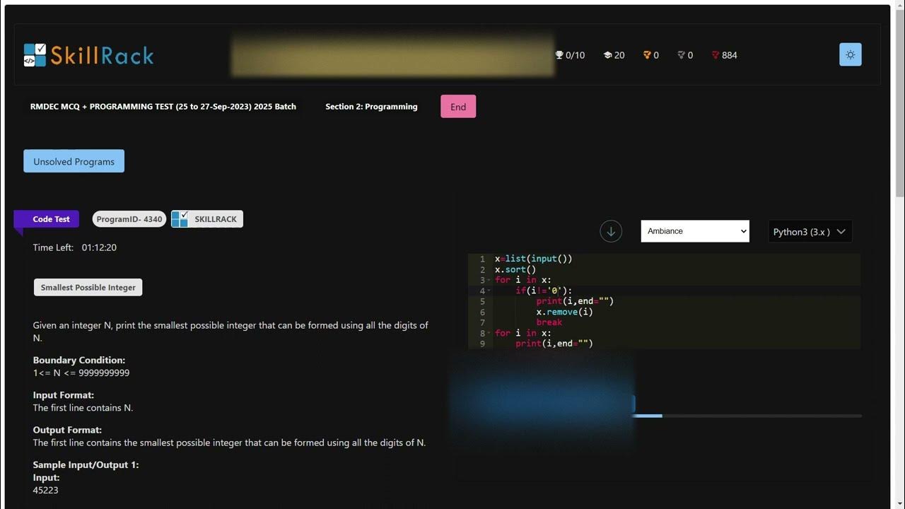 Skillrack Mcqprogramming Test25 Sep 2023 To 27 Sep 2023 Smallest Possible Integer