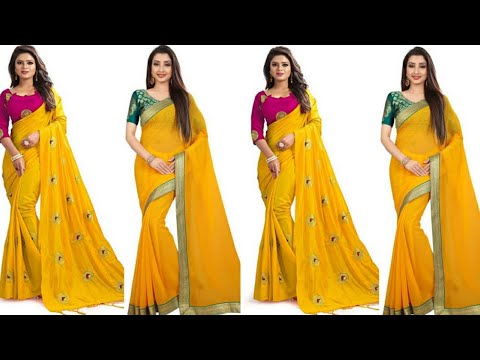 Yellow Color Saree With contrast Blouse||Yellow Saree Collection,How to ...