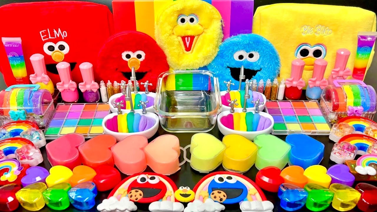 [ASMR] Mixing★Elmo★Rainbow MakeUp Eyeshadow Into Clear Slime 엘모 레인보우 ...