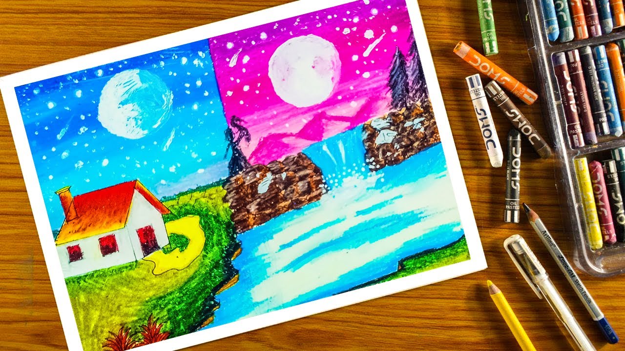 How to draw riverside village scenery I riverside moonlight scenery ...