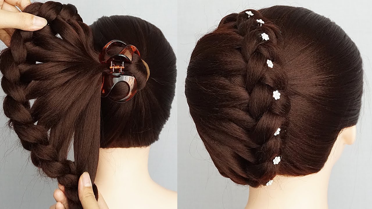 Fancy Hairstyle For Ladies - Braided Bun Hairstyle Using Small Claw ...