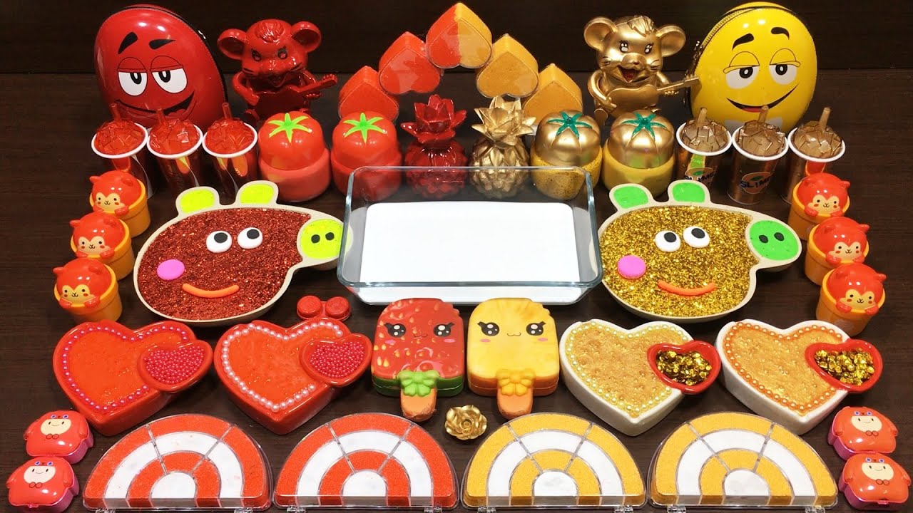 Gold Vs Red | Mixing Makeup and Glitter into Glossy Slime | Satisfying ...