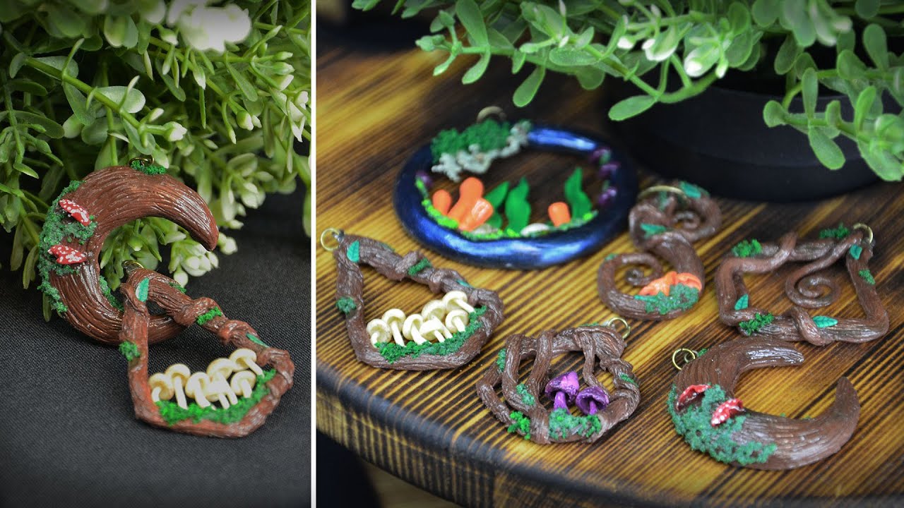 Sculpt is a forest pendant with fungi made of polymer clay | DIY - YouTube