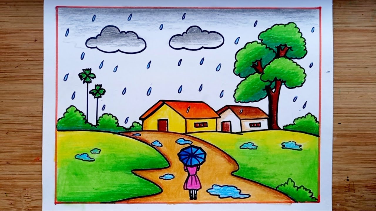 Rainy Season Drawing/ How To Draw Rainy Day Very Easy Steps/ Rainy ...