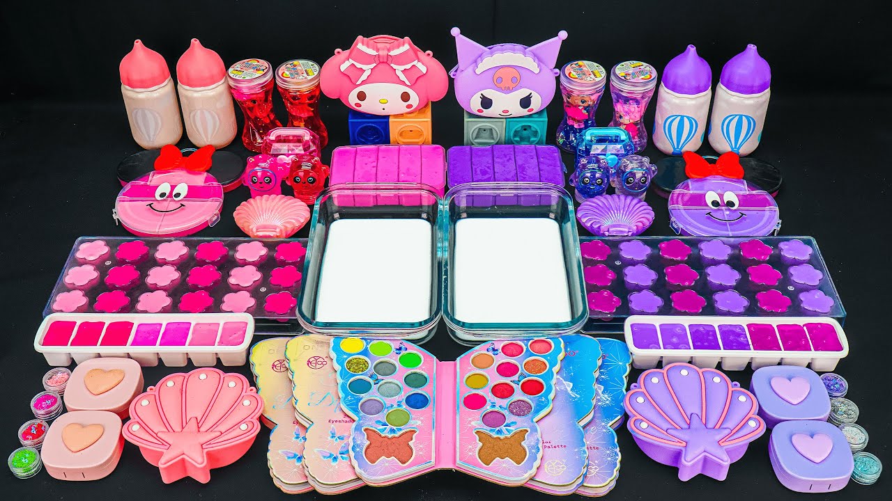 Pink and Purple SANRIO Slime 🌈 1 Hours Relaxing Mixing Eyeshadow Makeup ...
