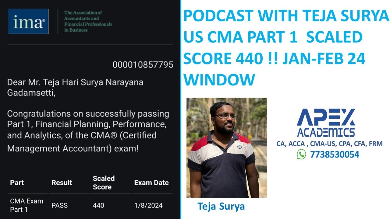 Podcast with Teja Surya US CMA Part 1 Score 440 Jan Feb 24 #uscma #uscmacoaching #uscmaduration ...