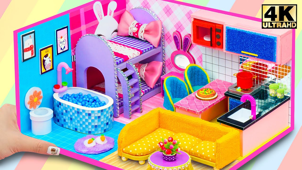 DIY Miniature Cardboard House with Bunk Bed, Bathroom, Kitchen, Living ...