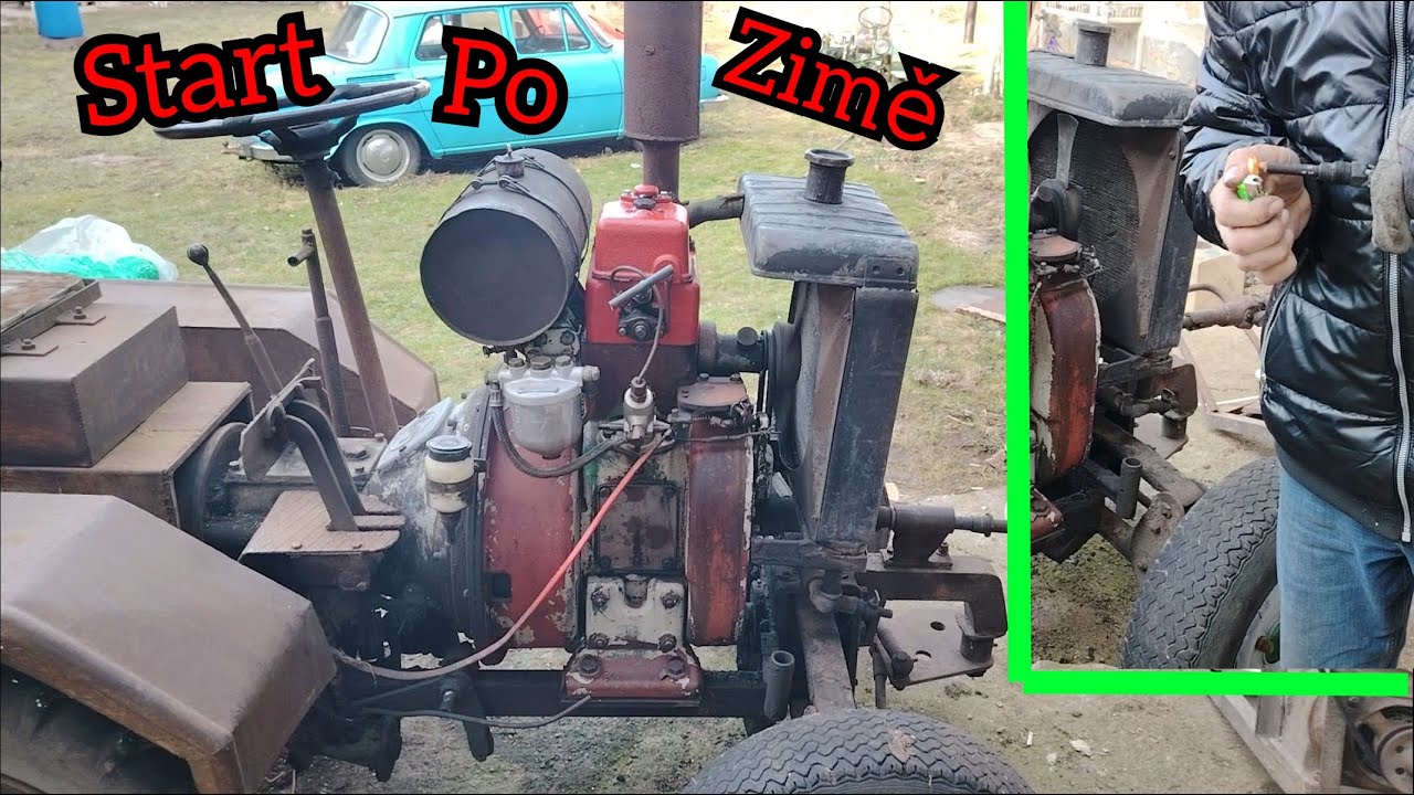 Slavia Diesel traktor, první start po zimě pomocí startovacích knotů ...