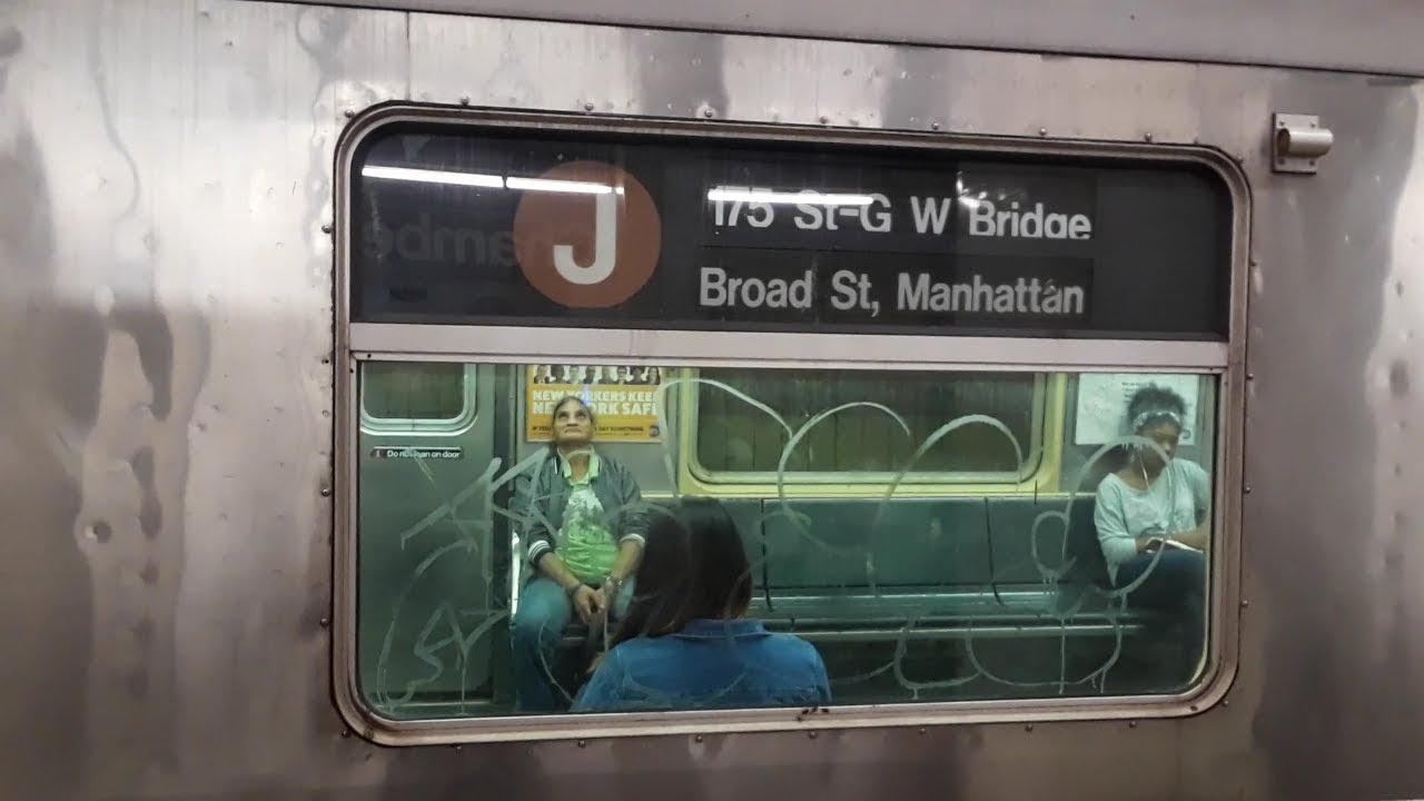 R42 (J) train at Chambers St w/ weird roll sign - YouTube