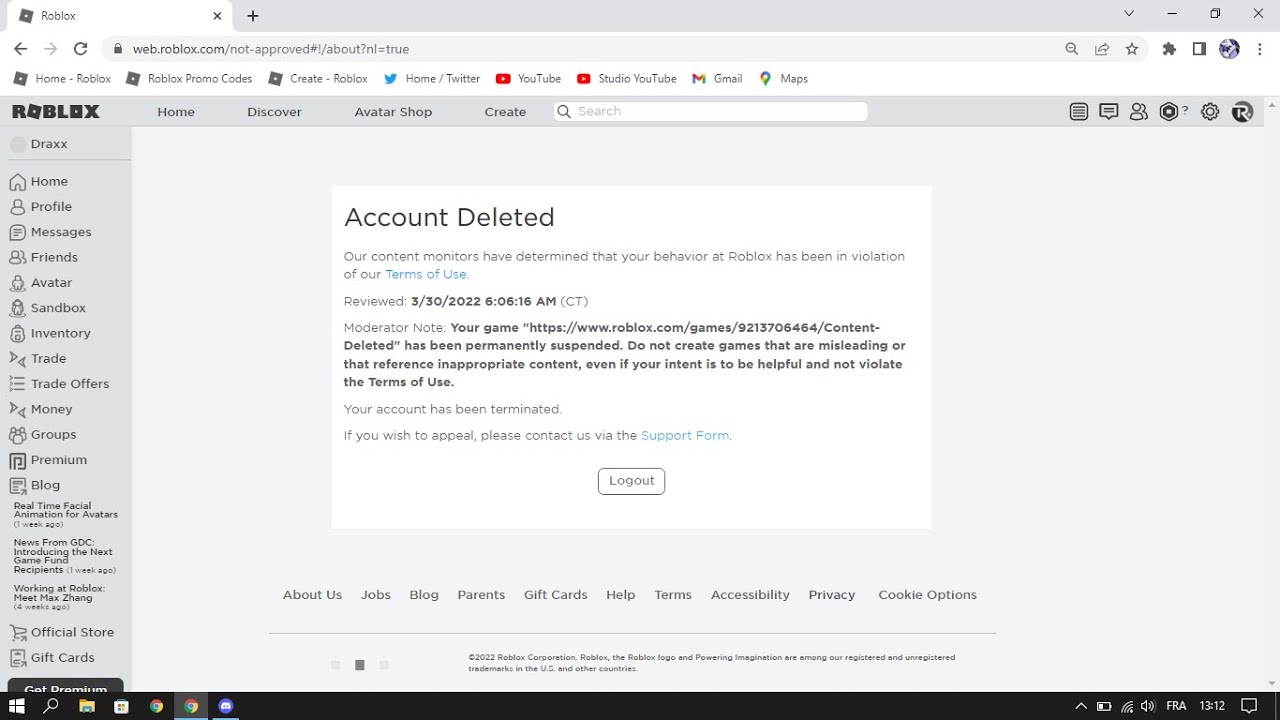 MY ACCOUNT HAS BEEN DELETED IN ROBLOX ;(( - YouTube