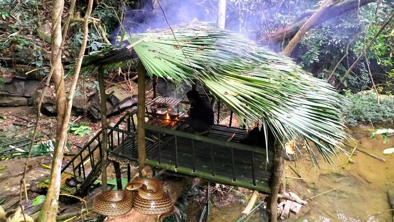 365 days camping in the deep forest. Complete shelter, one day catch ...