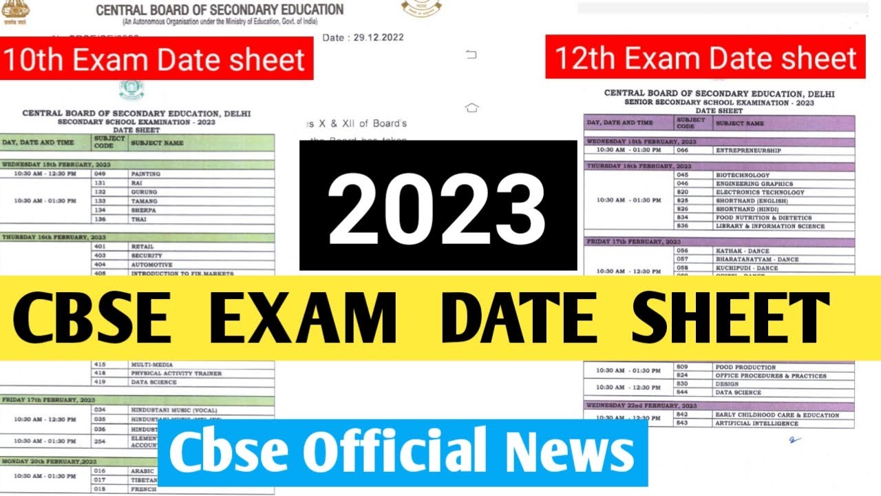 cbse exam date sheet 2023, class 12 cbse ex date sheet 2023, class 10 ...