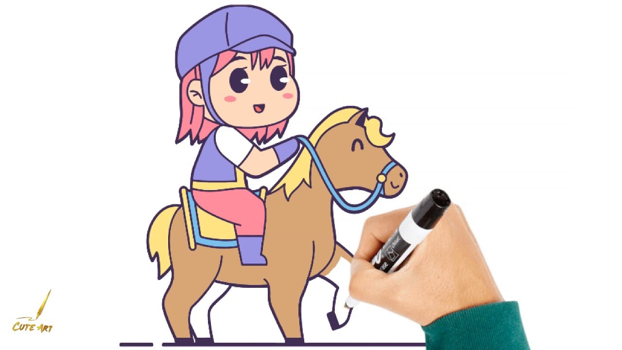 How to Draw A Cute Girl On Her Horse - Easy Drawing Tutorial For Kids ...