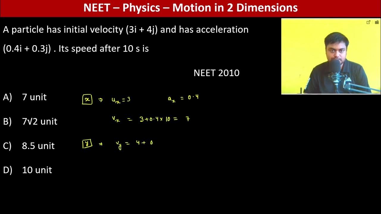 A particle has initial velocity (3i + 4j) and has acceleration (0.4i + 0.3j) . Its speed after ...