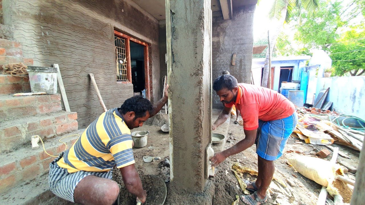 Plastering Techniques of Column_Portico Column Full Plastering with ...