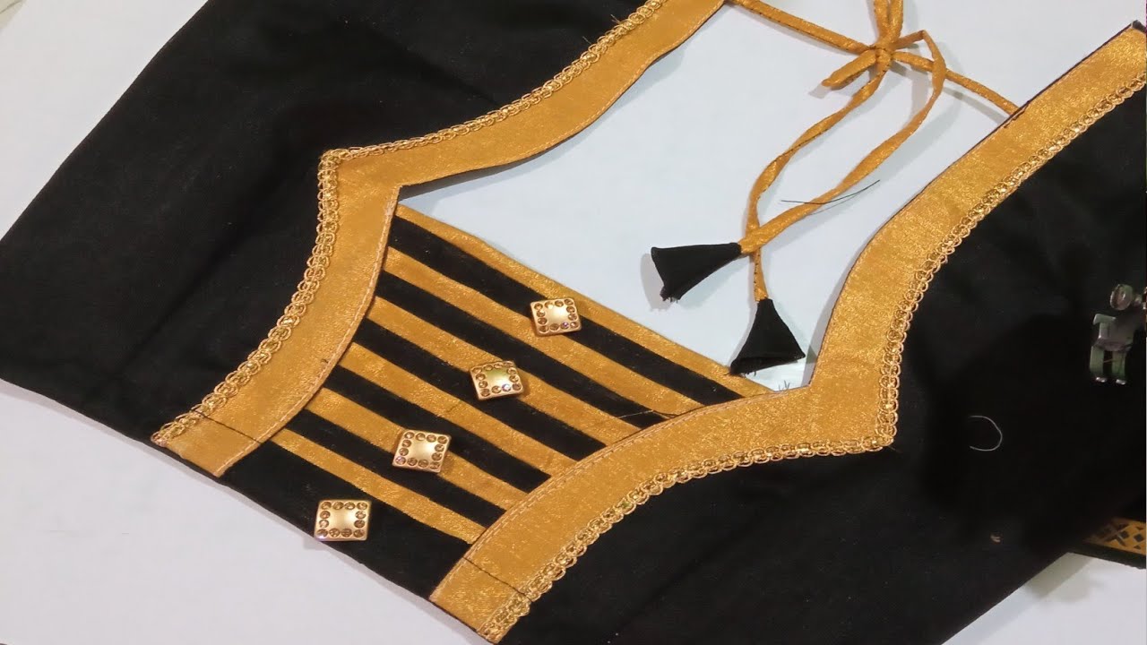 Square neck blouse design|black & golden square neck streps blouse ...