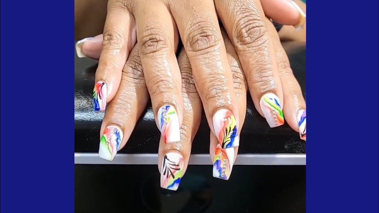 Rainbow Marble Nails Summer Nails With Bling Youtube 2681