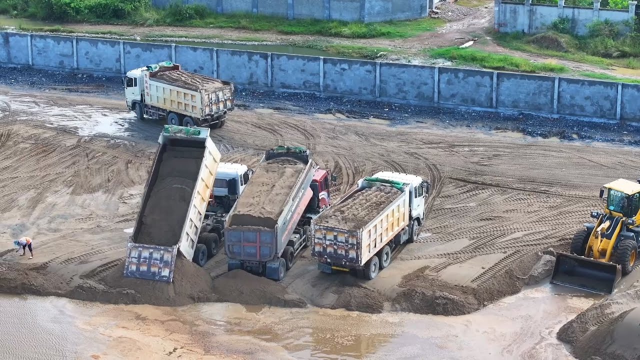 Amazingly Wheel Loader Pushing Sand And Dump Trucks Pouring Sand ...