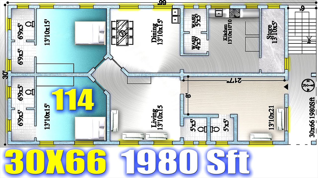 2bhk house plan 30x66 - YouTube