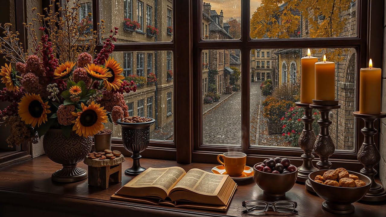 Relaxing Autumn Jazz Piano 🍂 Warm Window View with Rain Sounds and ...