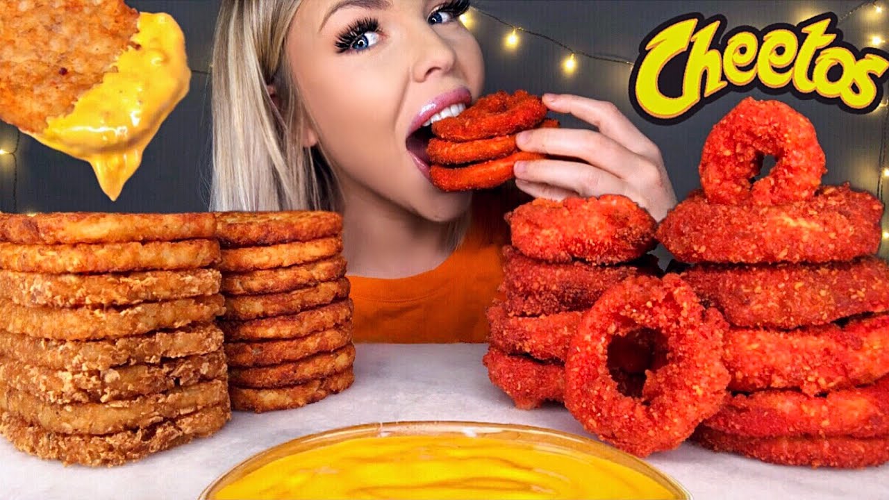 ASMR HOT CHEETOS ONION RINGS, CHEESY HASH BROWN, CRUNCHY EATING SOUNDS ...