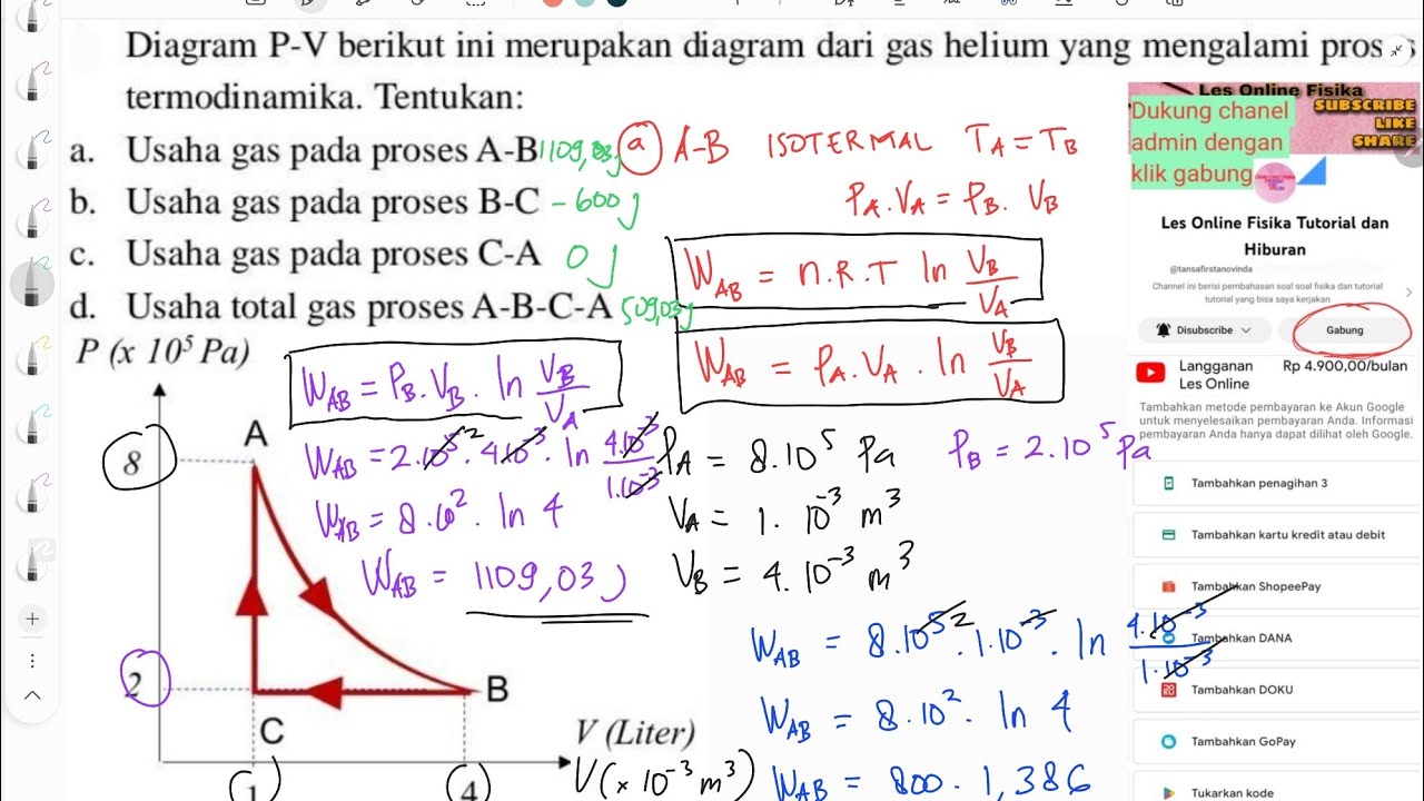 menghitung usaha pada diagram grafik P-V pada proses termodinamika ...