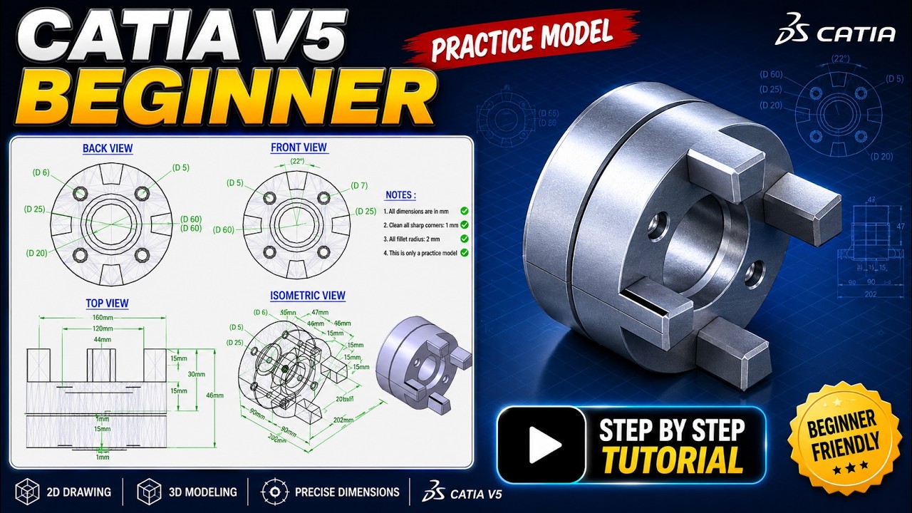 CATIA V5 Beginner Tutorial | Jaw Coupling Design Step by Step - YouTube