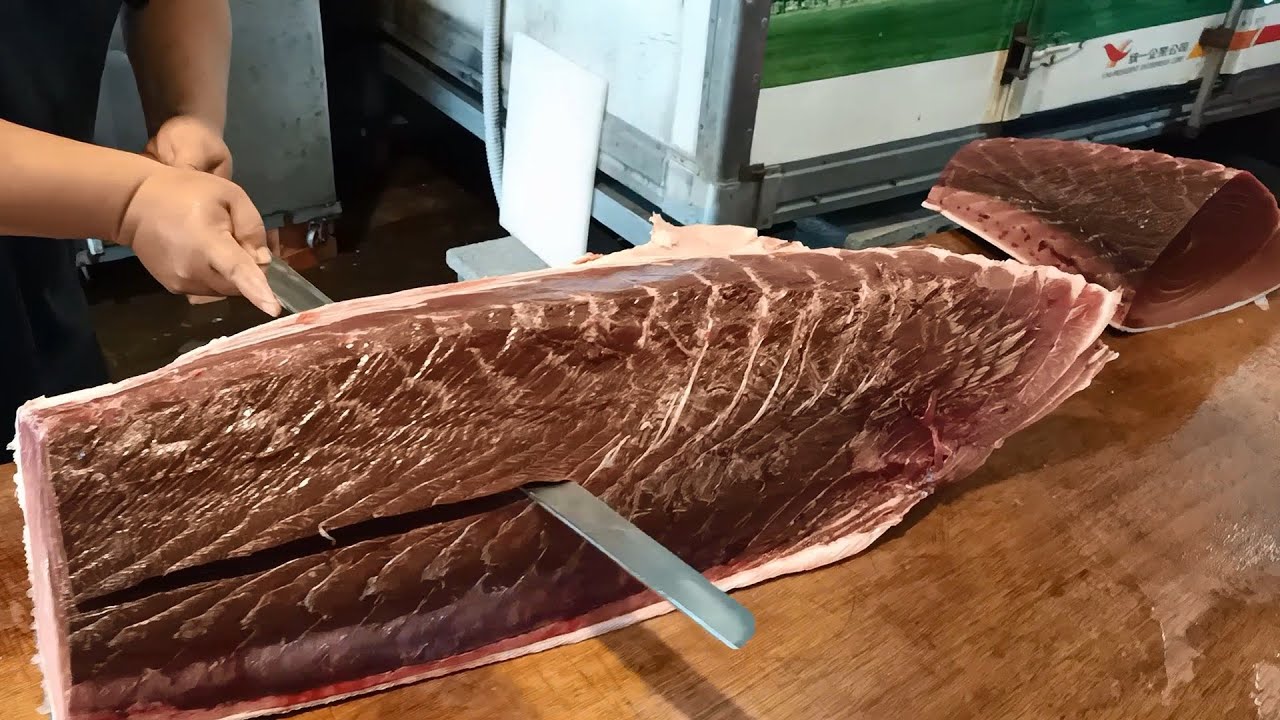 Bluefin Tuna TORO Cut Horizontally, Clearly and Neatly Cut in Two - YouTube