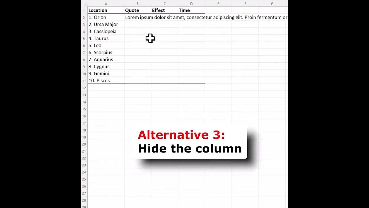 Excel: How to hide text in one cell to stop it from covering other ...