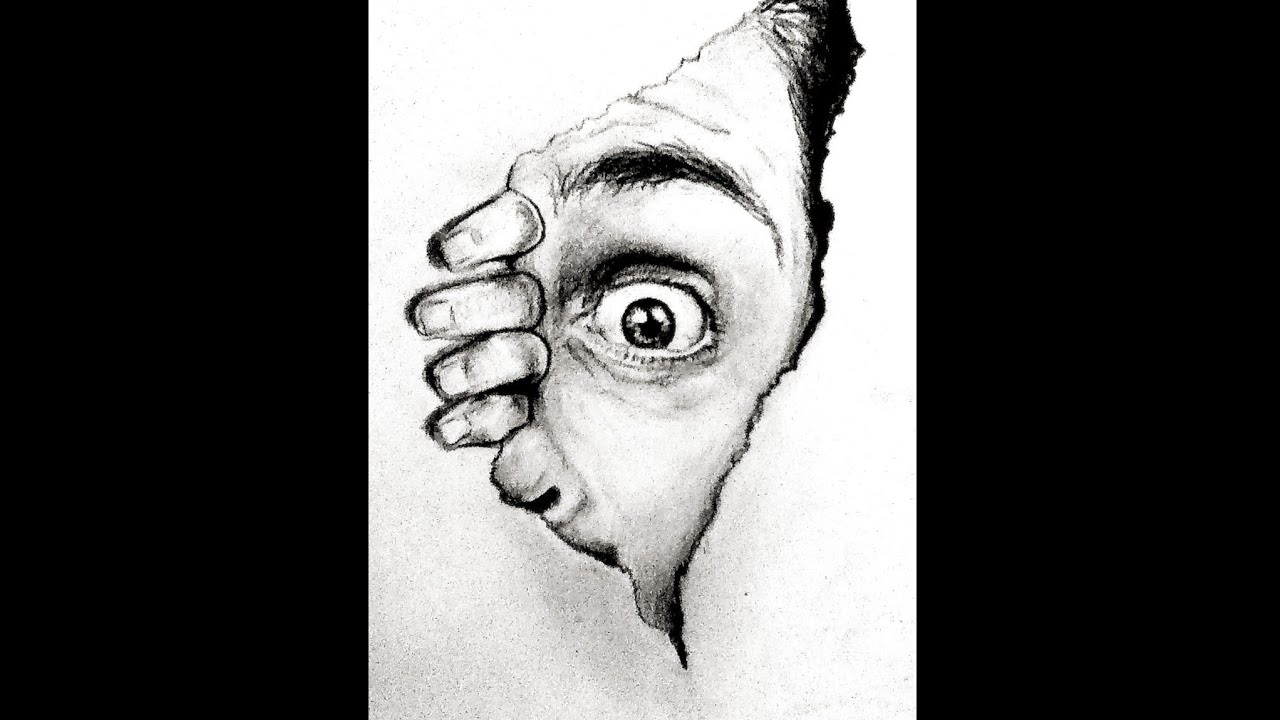 Artwork portrays a hyper-realistic, expressive eye peeking/torn piece ...