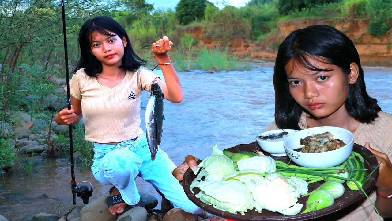 Female fisherman, fishing in river and Cooking fish, This food name ...