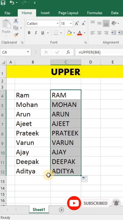 Upper formula /#shorts /#excel/how to use upper function in excel - YouTube