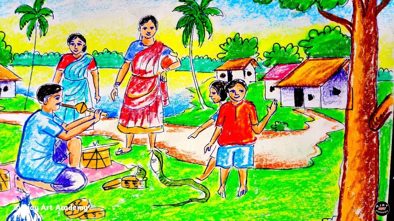How to draw snake charmer step by step|| Beautiful Village Landscape ...