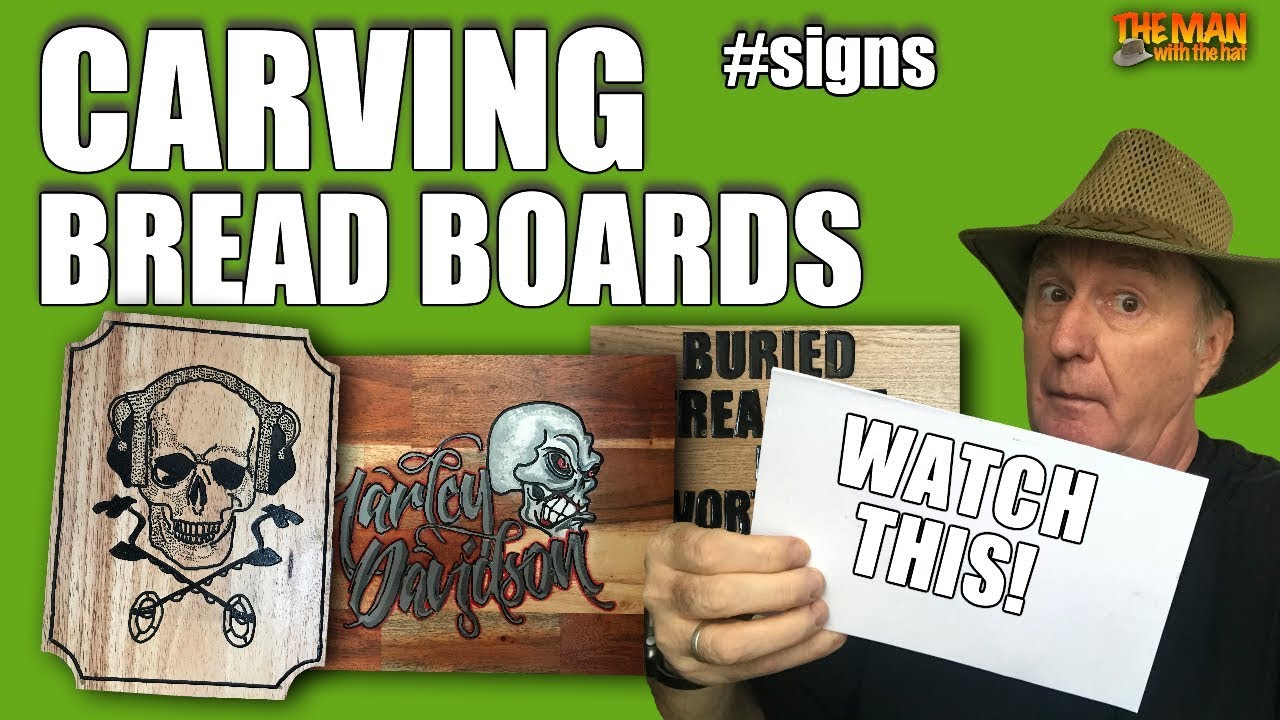 Sign carving a skull and crossed metal detectors in a breadboard - YouTube